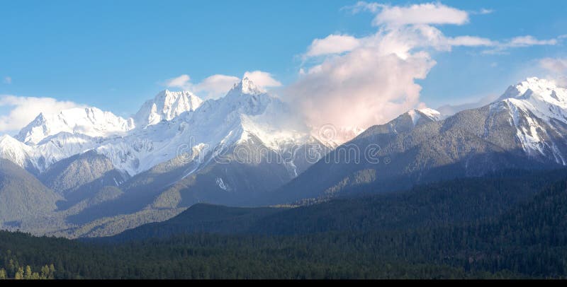 Snow Mountains in Bomi,Tibet.at the Foot of the Mountain is a Primitive ...