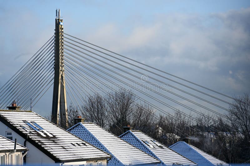 Snow Over Rooftops and Dundrum Luas Bridge in Ireland Stock Image ...