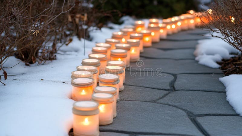 Snow Path Candlelight Memorial Winter Garden Stock Photo - Image of ...
