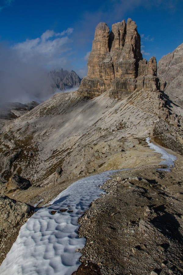 Snow Path and Massive Mountain-Dolomites,Italy Stock Photo - Image of ...
