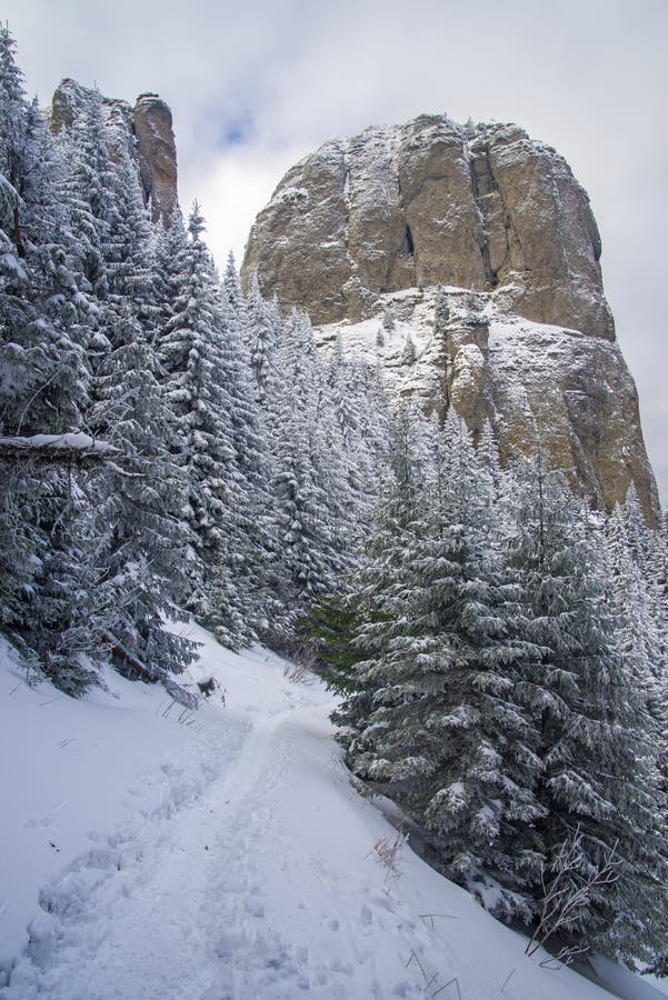 Snow Path Near Huge Rock in the Mountains Stock Image - Image of ...
