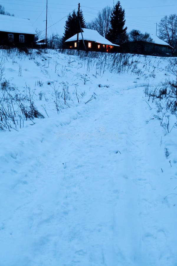 Snow Pathway in Country Village Stock Photo - Image of landscape, izba ...