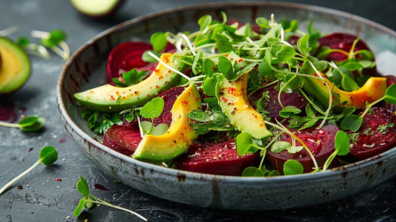 Snow Pea Cress Beetroot Salad with Fresh Avocado on Rustic Table Stock ...