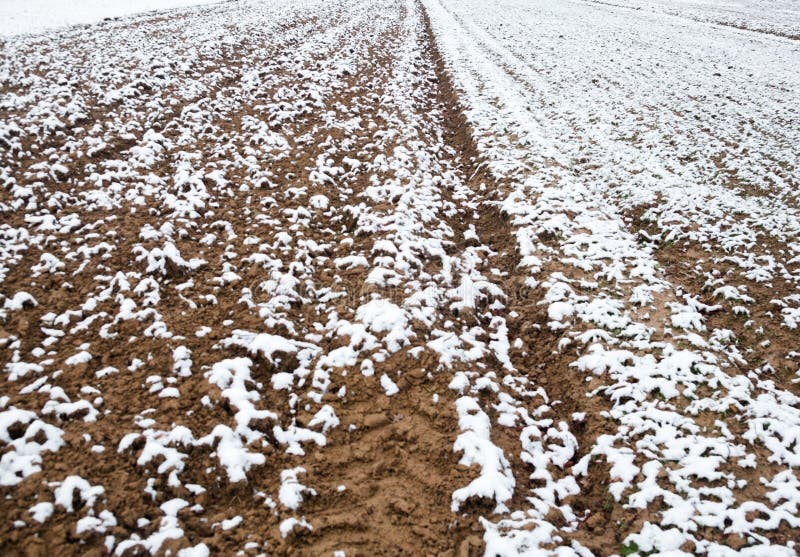 Snow on the ploughed field stock image. Image of field - 179742869