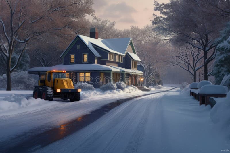 Snow Plow Approaching a Snowed-in Driveway Stock Illustration ...
