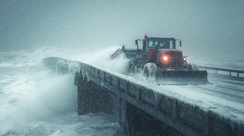 Snow Plow Clearing a Bridge during a Blizzard, Heavy Wind and Icy Stock ...