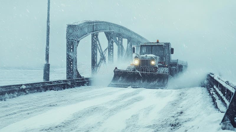 Snow Plow Clearing a Bridge during a Blizzard, Heavy Wind and Icy Stock ...