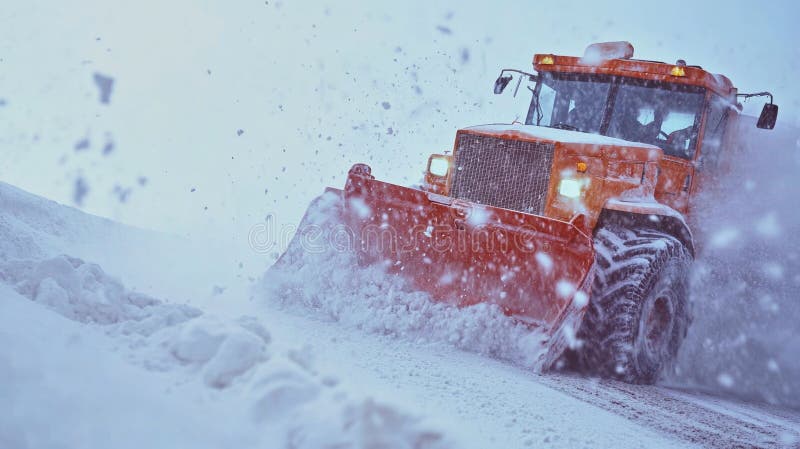 Snow Plow Clearing a Highway during Heavy Snowfall with Flying Snow and ...