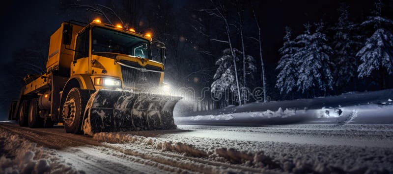 Snow Plow on a Snowy Winters Road at Night Stock Illustration ...