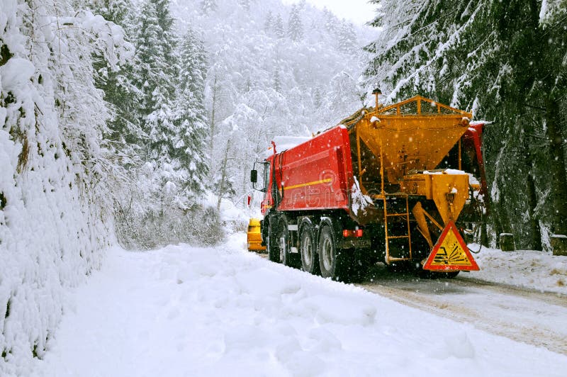 Snow plow truck in winter stock image. Image of mountains - 7630709