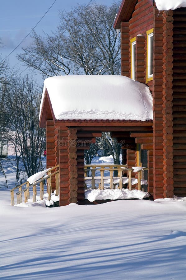 Snow Porch with Blue Door in Christmas Decorations. Spruce Garlands ...