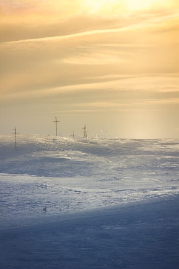 Snow power lines stock photo. Image of voltage, sunset - 92523776