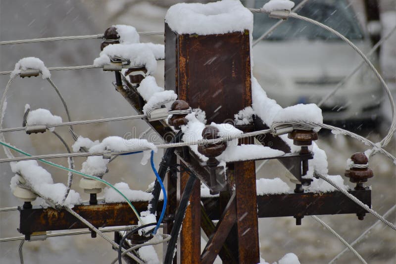 Snow on power lines stock image. Image of generating - 173166107