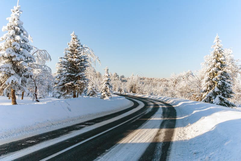 Snow Road Turn Trees Winter Nobody Stock Image - Image of cold, season ...