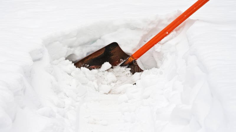 Snow Shovel Clearing Path in Deep Fresh Snow during Winter Storm Stock ...