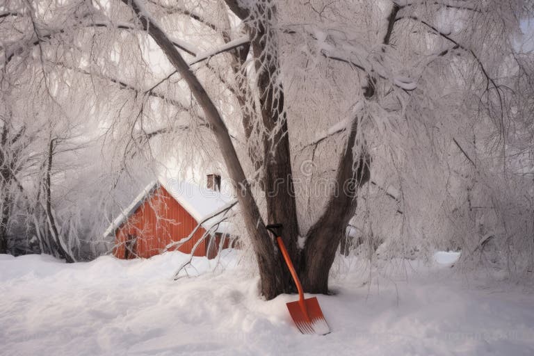 Snow Shovel Leaning Against a Snow-covered Tree Stock Illustration ...
