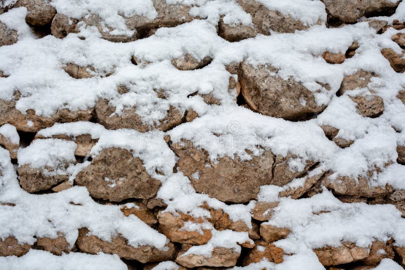 Snow on Stone Wall stock image. Image of stones, brown - 83712579