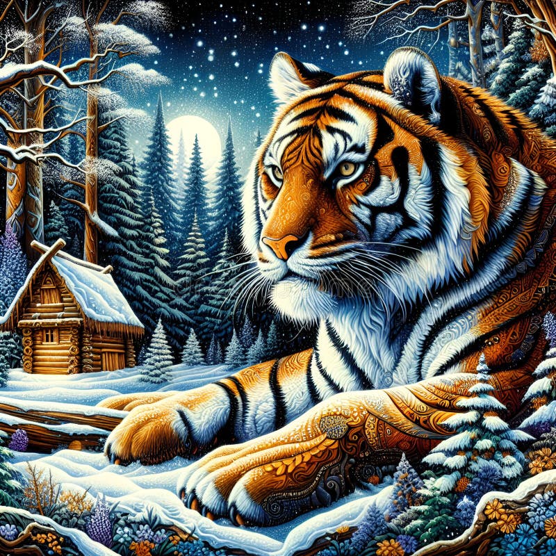 A Snow Tiger with Old Hut, in a Magical Forest, Moonlit, Snow on Ground ...