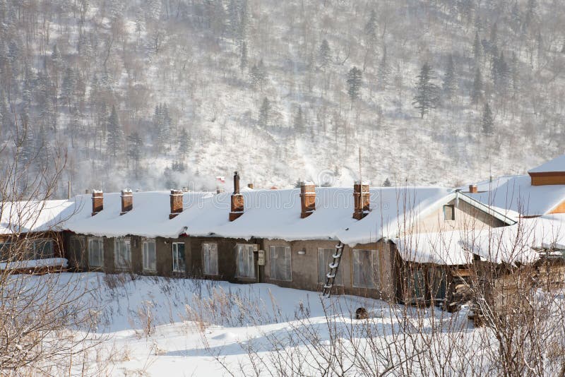 Snow town stock image. Image of country, building, cabin - 17901819