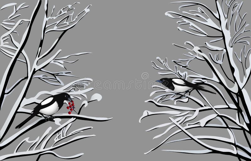 Snow Trees Branches Magpies Stock Vector - Illustration of winter ...