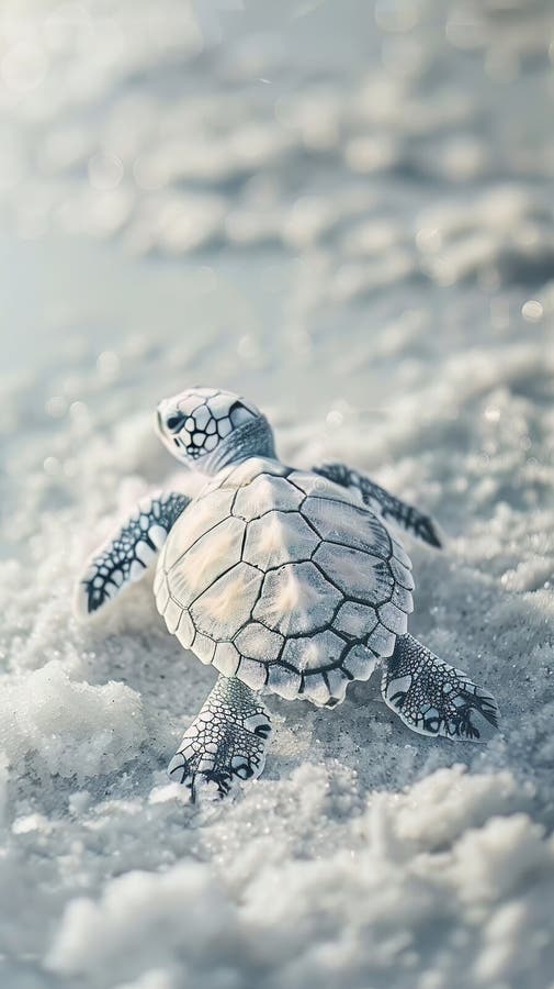 A Snow Turtle Slowly Trekking Across a Snowy Beach with Shell Patterns ...