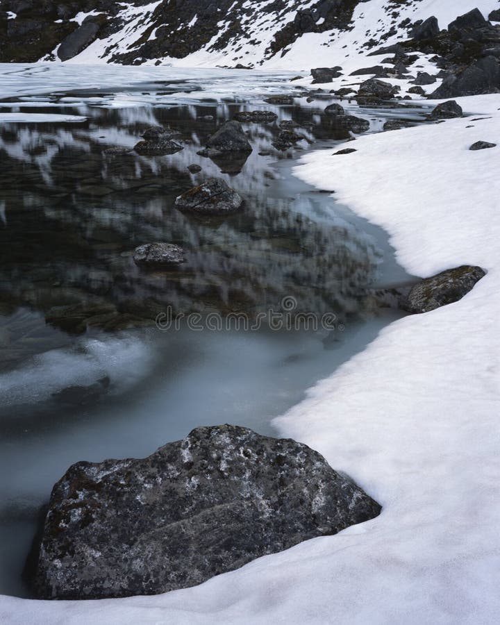 Snow, water, rocks stock image. Image of moss, cold, boulder - 5700891