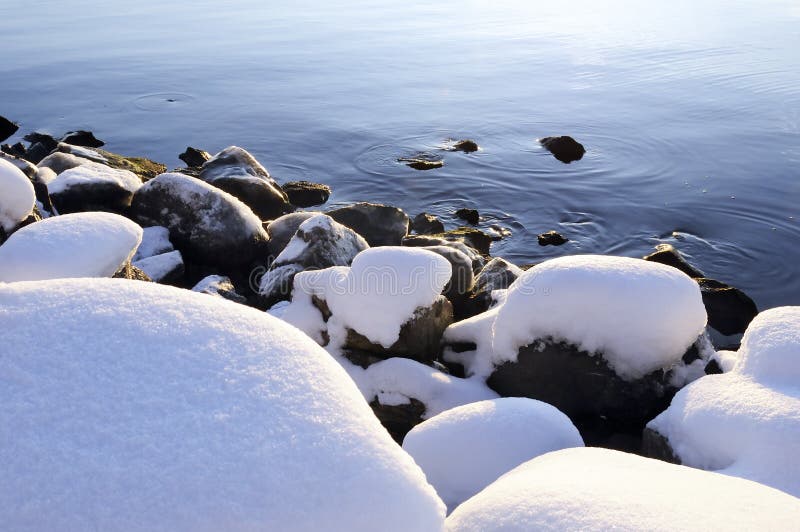 Snow, water and stones stock photo. Image of serenity - 12361924