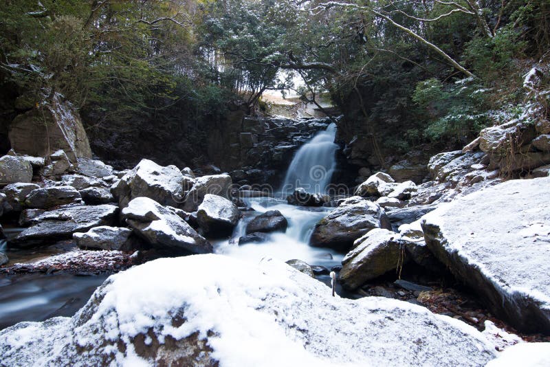 Snow and waterfall stock photo. Image of rock, kumamoto - 207281002