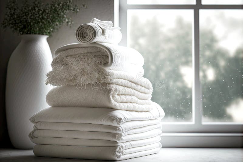 Snow-white Stack Clean Bath Towels Lie on Horizontal Surface Stock ...