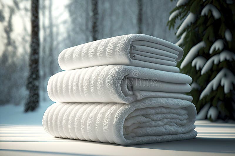 Snow-white Stack Clean Bath Towels Lie on Horizontal Surface Stock ...