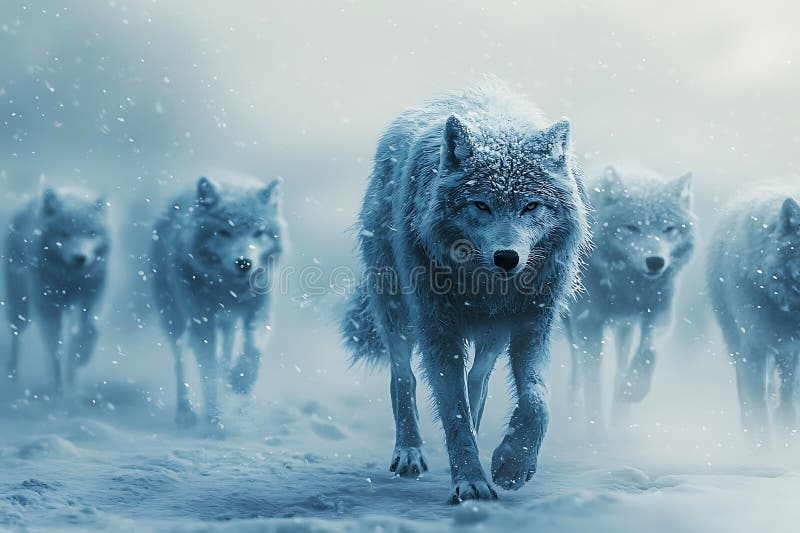 A Snow Wolf Pack Walking Together through a Blizzard, Their Fur Coated ...