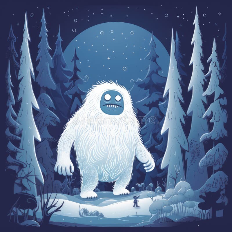 Snow Yeti, Full Moon and Trees Covered in Snow, Created Using ...