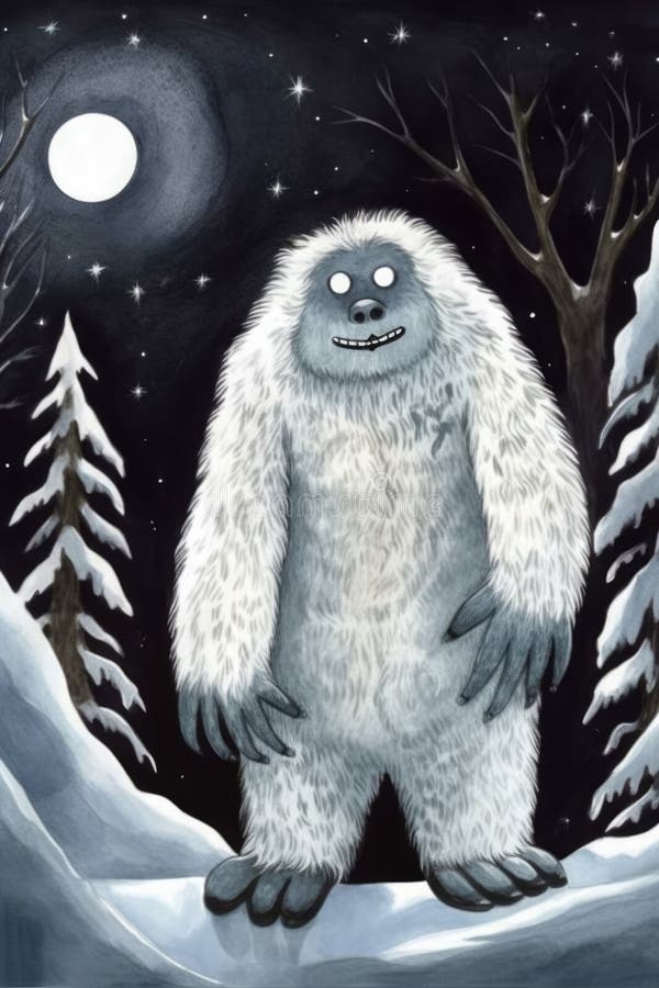 Snow Yeti, Full Moon and Trees Covered in Snow, Created Using ...