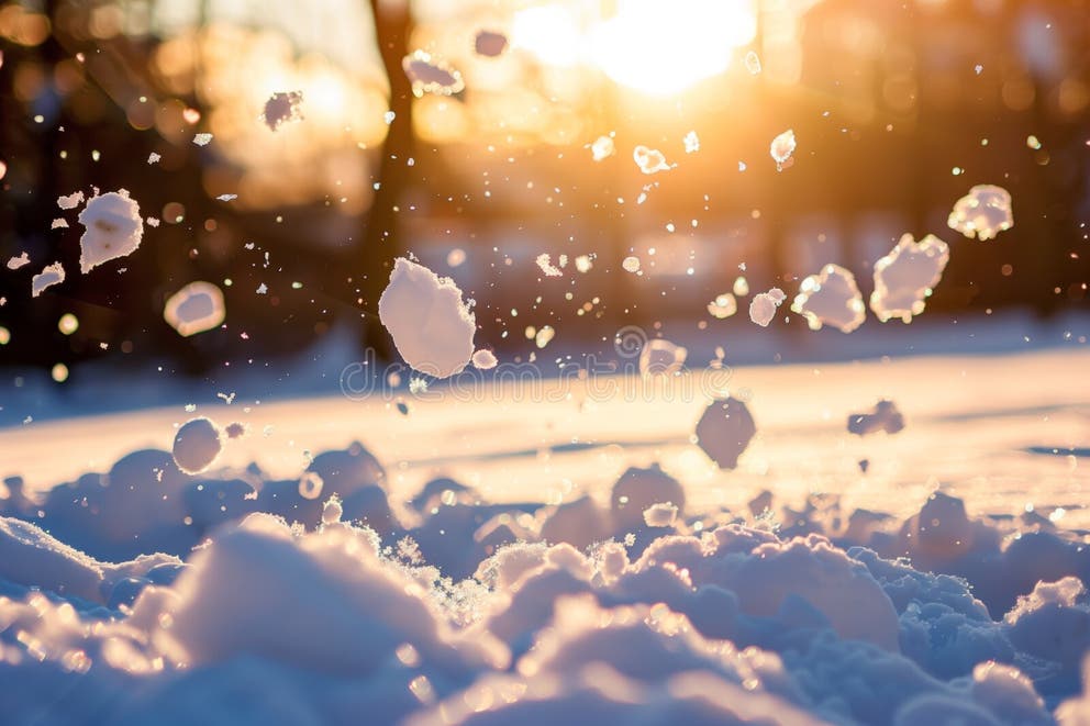 Snowball Fight in Progress, Sunset Backlighting Flying Snow Stock Image ...
