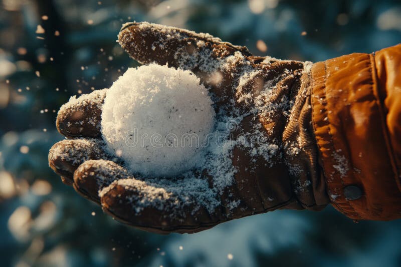 Snowball Held in Gloved Hand with Falling Snow in Winter Forest Setting ...