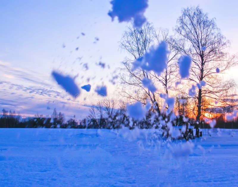 Snowball Particles Falling on the W Inter Sunset Landscape with Snow ...