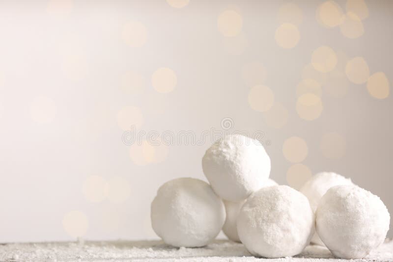 Snowballs on Table Against Blurred Lights, Space for Text Stock Image ...
