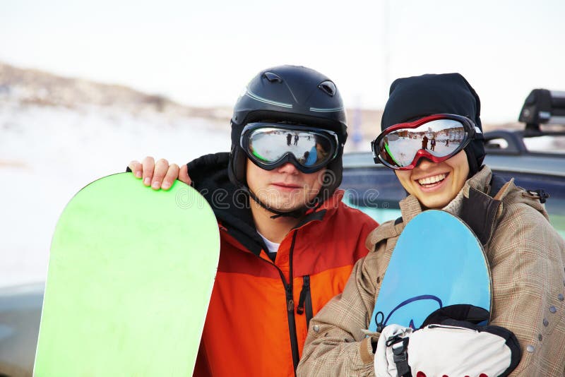 Snowboard Couple on Ski Resort Stock Image - Image of couple, blue: 7661823