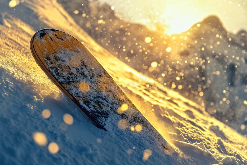 Snowboard Resting on Snow, Sun Shining on Mountain Stock Illustration ...