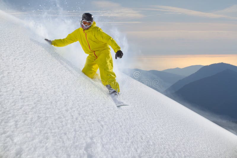 Snowboard Rider Moving Down in Snow Powder Stock Image - Image of fast ...