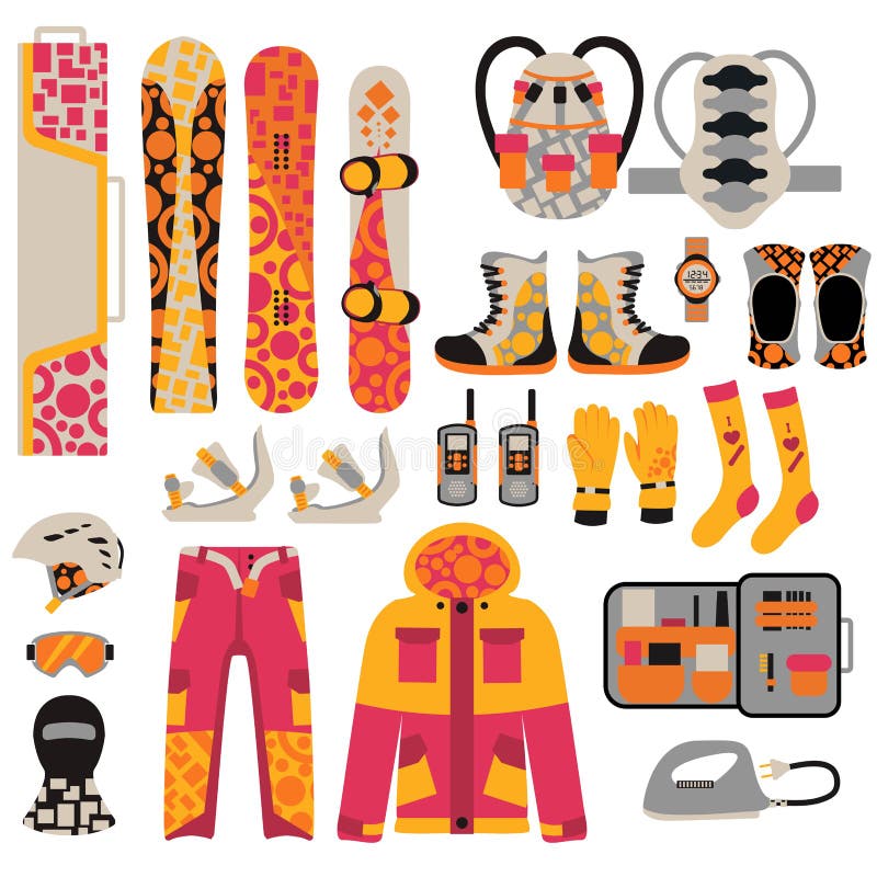 Snowboard Sport Clothes and Tools Elements Stock Vector - Illustration ...
