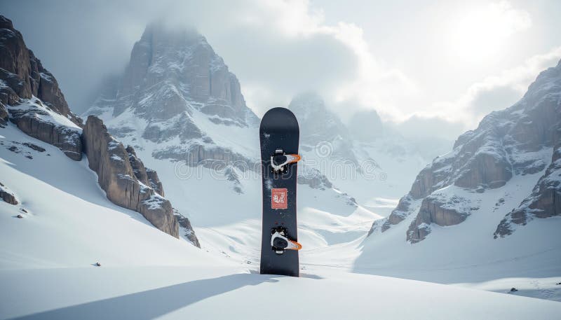 Snowboard Standing Upright in Fresh Snow Against a Backdrop of Towering ...