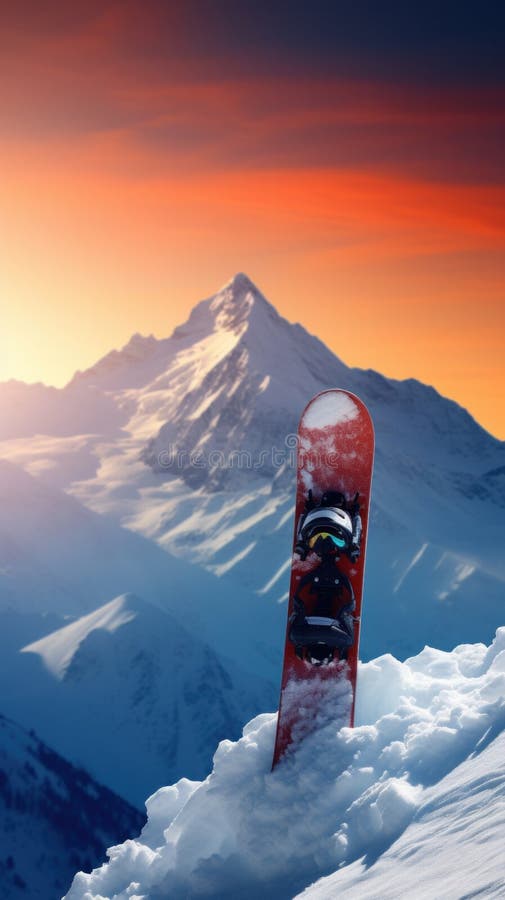 Snowboard at Sunset on Mountain Peak Stock Photo - Image of sunset ...