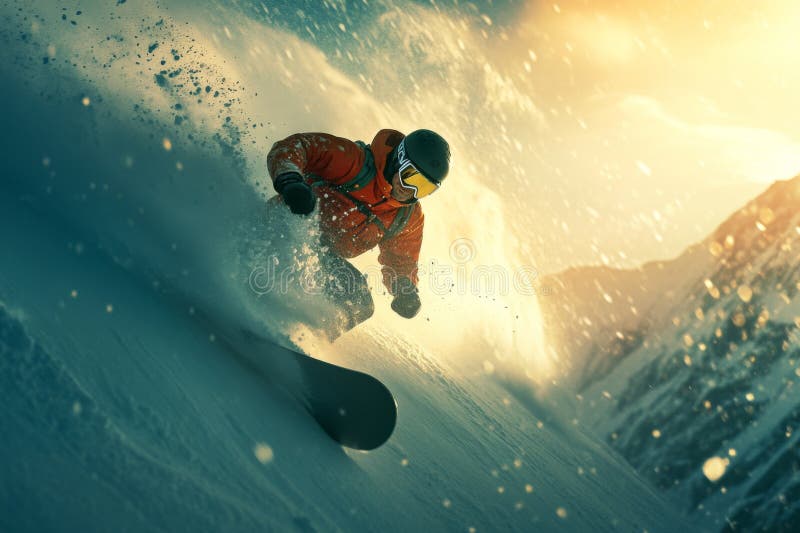 A Snowboarder Carves through Fresh Powder. the Movement Creates a ...