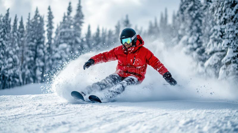 Snowboarder Carving through Fresh Powder on a Mountain Slope Stock ...