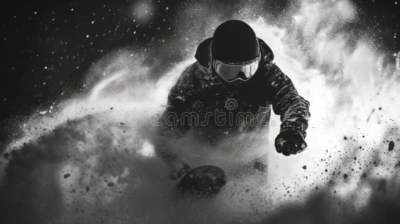 Snowboarder Carving through Fresh Powder Snow on a Mountain Slope Stock ...