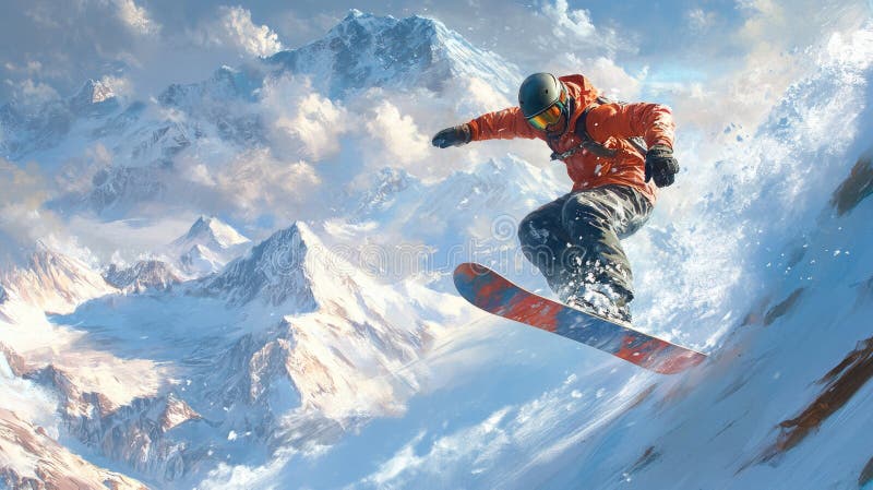 Snowboarder Mid-Jump with Snow Flying Against a Mountainous Backdrop ...