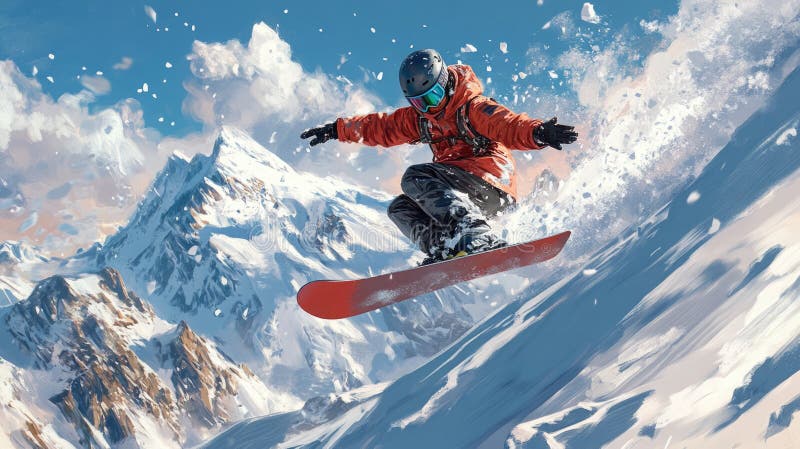 Snowboarder Mid-Jump with Snow Flying Against a Mountainous Backdrop ...