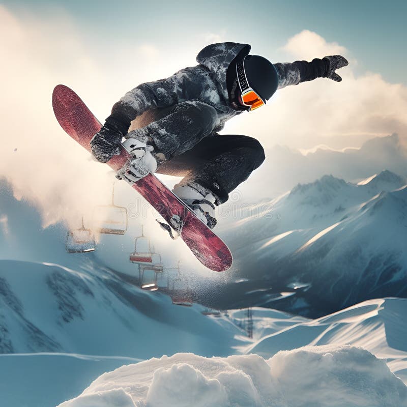 A Snowboarder Performs a Trick while Jumping Over a Snowy Slope Stock ...