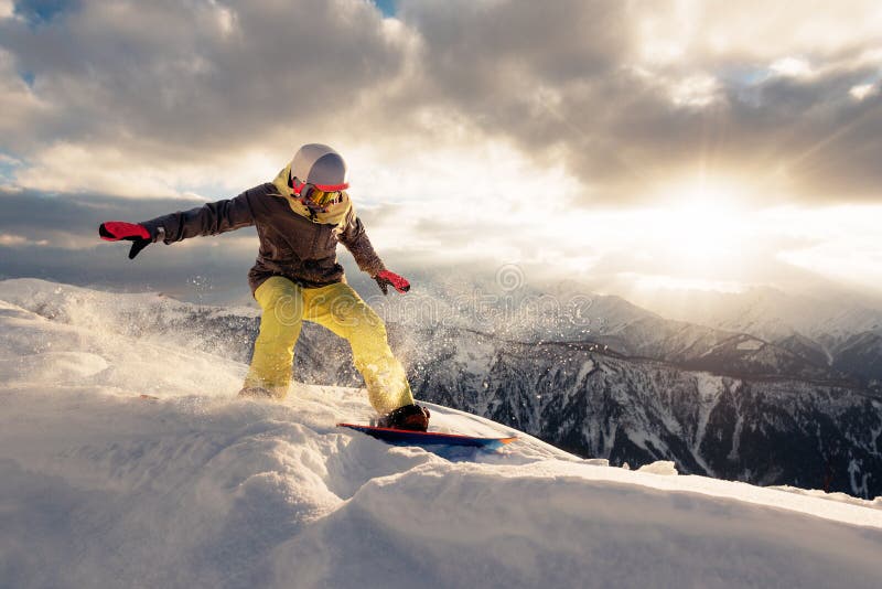 Snowboarder is Riding on the Sunset Stock Image - Image of fast ...